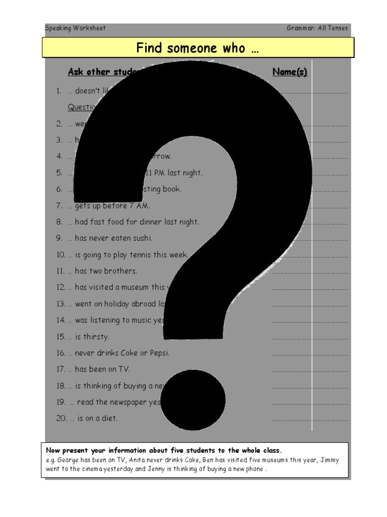 Find Someone Who : Ask Other Students Name(s) | PDF | Sports & Recreation