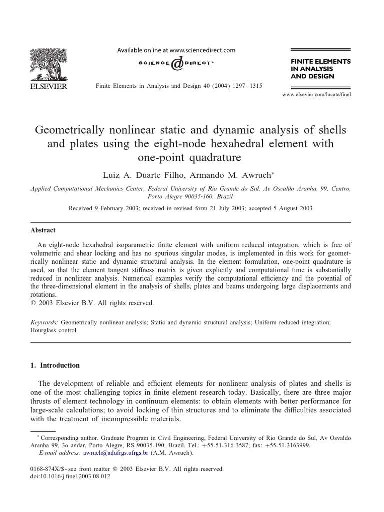 Geometrically Nonlinear Static And Dynamic Analysis Of Shells And Plates Using The Eight Node