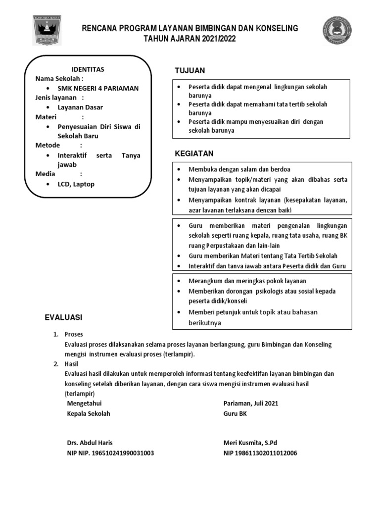 Rencana Program Layanan Bimbingan Dan Konseling | PDF