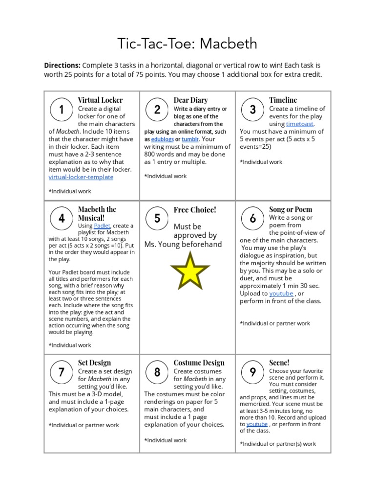 Tic-Tac-Toe Choice Board Macbeth | PDF | Internet | Leisure