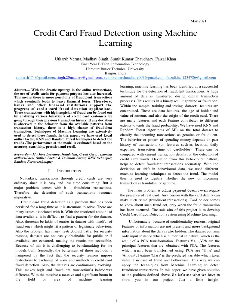 Credit Card Fraud Detection Using Machine Learning Final Research Paper ...