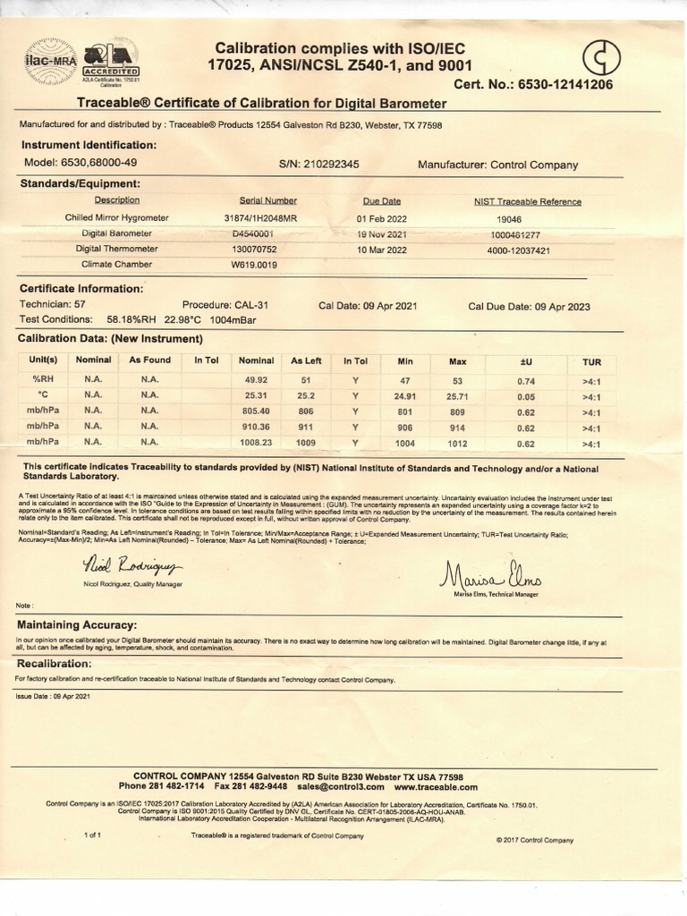 Cert. No.: 6530-12141206 Traceable® Certifícate of Calibration For Digital Barometer | PDF ...
