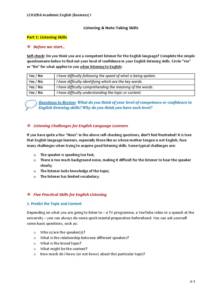 English Listening & Note-Taking Skills | PDF | Human Communication ...