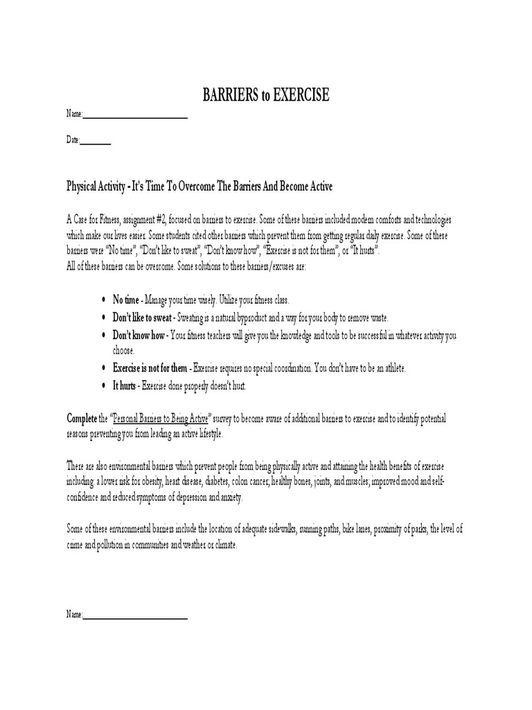 04 Barriers To Physical Activity Student Worksheets | PDF | Physical ...