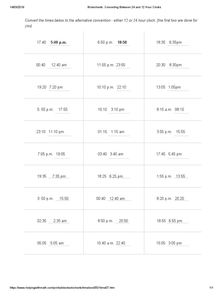 24 Hour Clock Worksheet | PDF