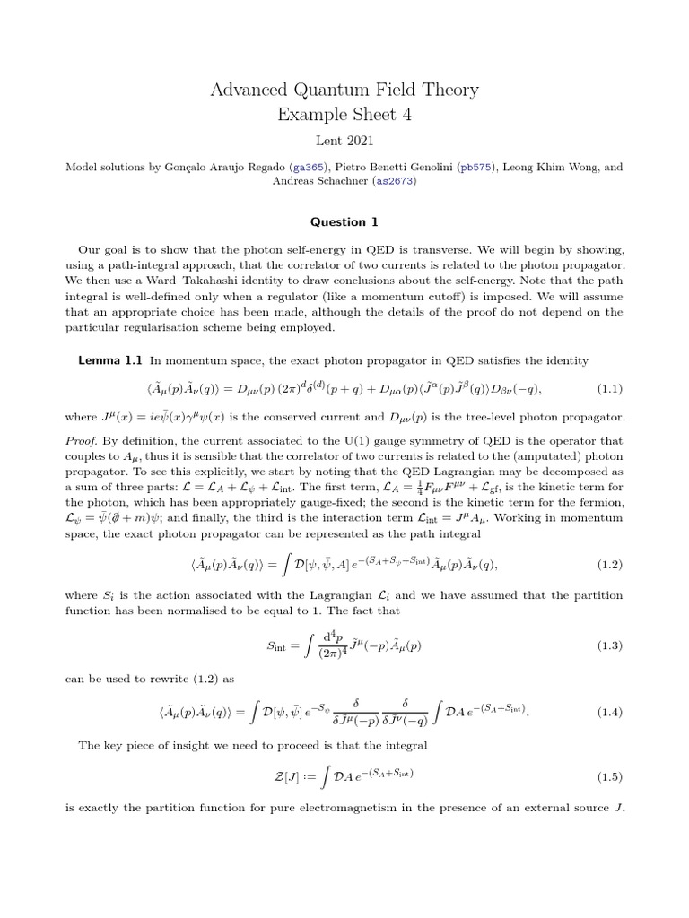 Advanced Quantum Field Theory Example Sheet 4: Lent 2021 | PDF | Gauge ...