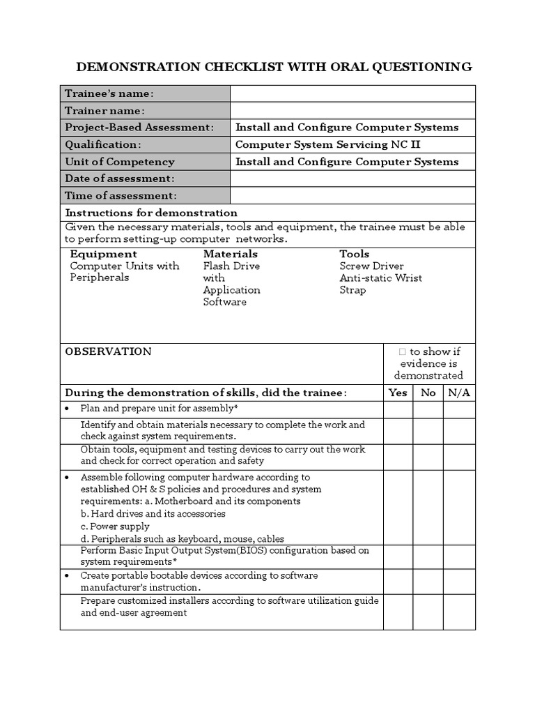 DEMONSTRATION CHECKLIST WITH ORAL QUESTIONING Autosaved | PDF | Installation (Computer Programs ...