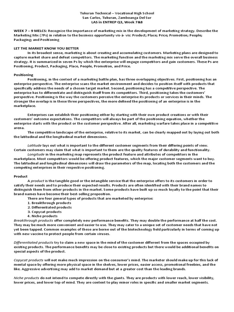 LAS in ENTREP Q3, Week 7&8 WEEK 7 - 9 MELCS: Recognize The Importance ...