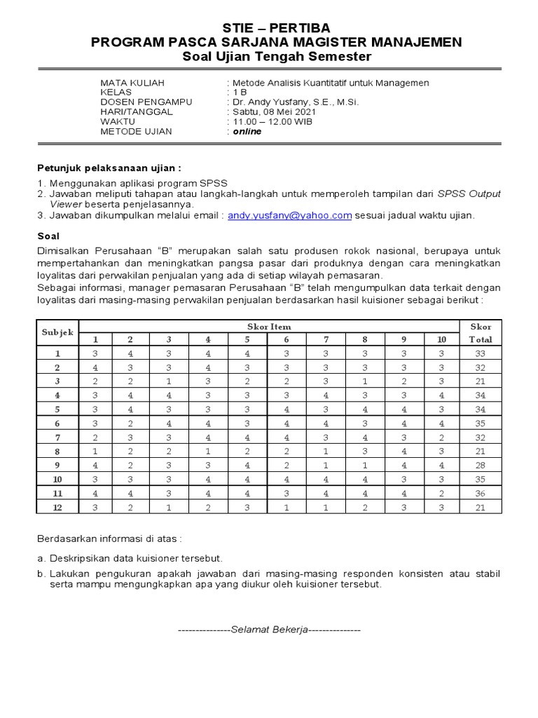 Soal UTS Metode Kuantitatif Kls 1 B (08 Mei 2021) | PDF