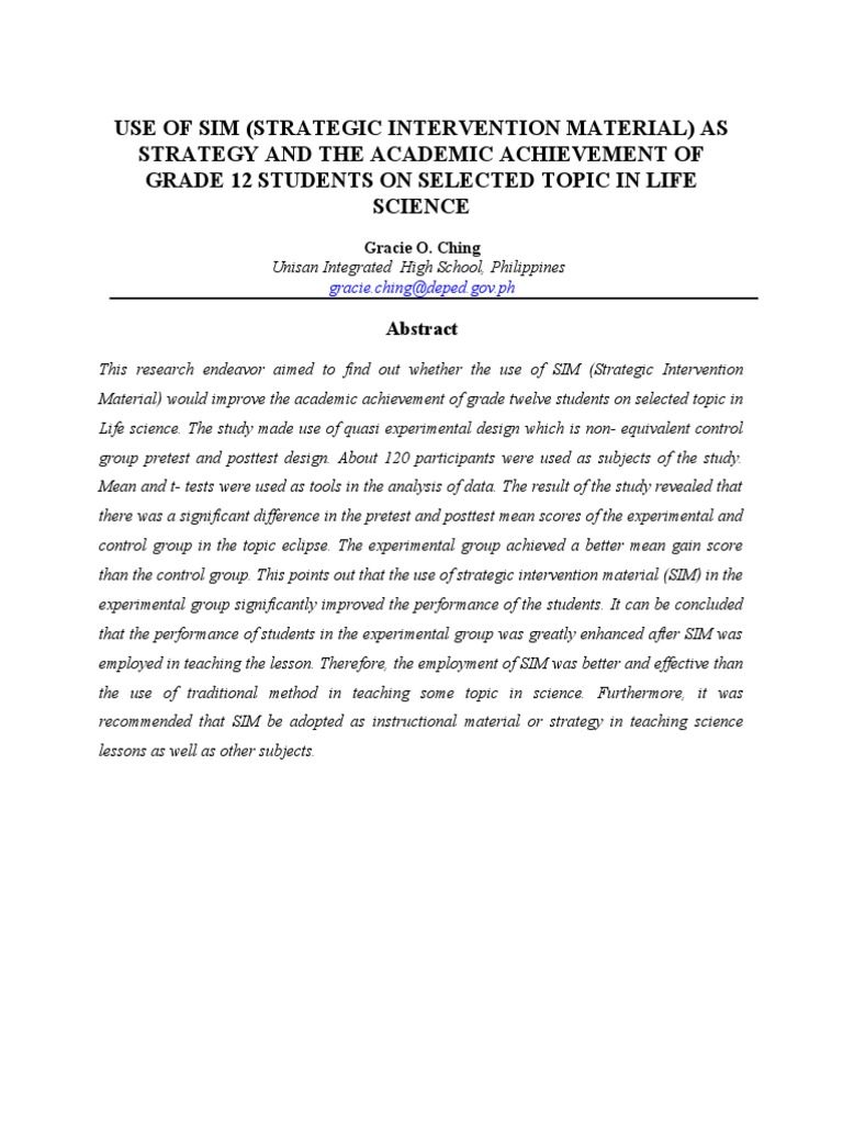 Use of Sim Strategic Intervention Material | PDF | P Value ...