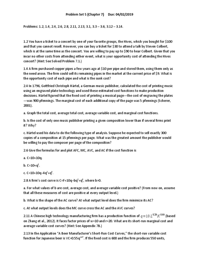Problem Set 5 (Chapter 7) Due: 04/02/2019 | PDF | Marginal Cost ...