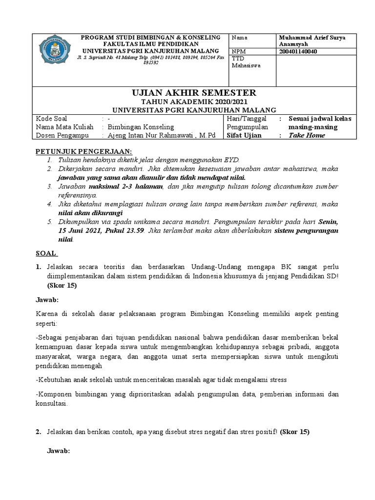 UAS BK Unikama 2020/2021 | PDF