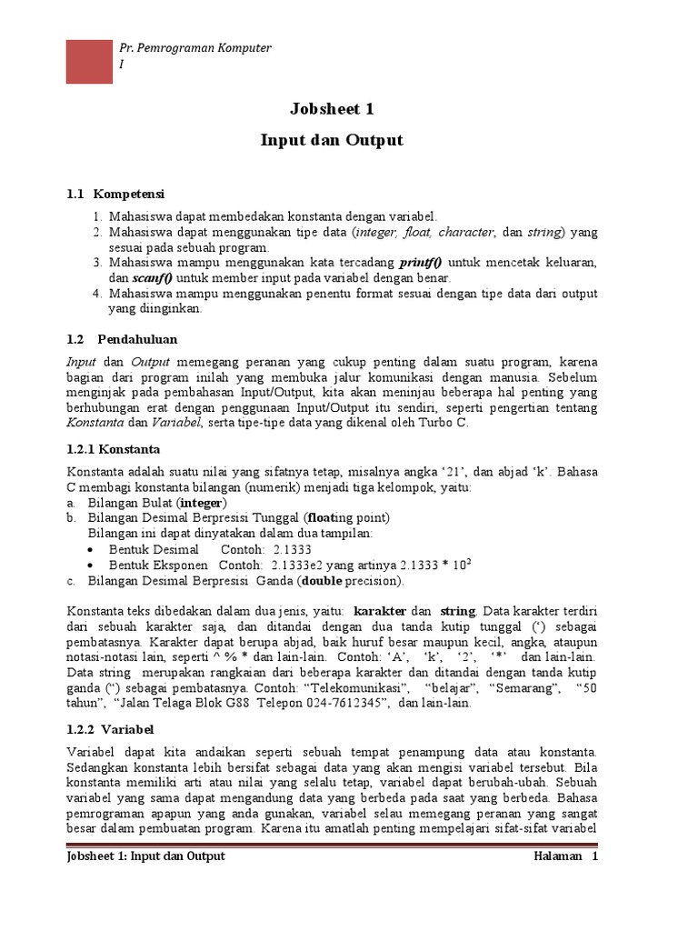 Jobsheet 1 Pemrograman Komputer I | PDF