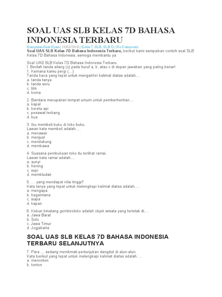 Soal Uas SLB Kelas 7d Bahasa Indonesia Terbaru | PDF | Seni & Disiplin Bahasa