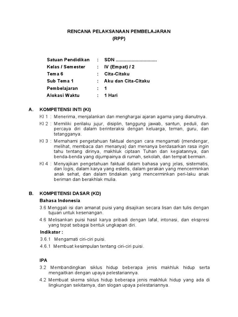 RPP Kelas 4 Tema 6 Subtema 1 | PDF