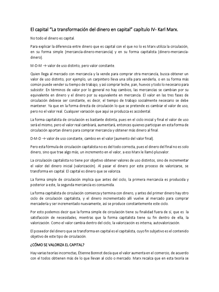 Resumen "El Capital" Karl Marx, Capitulo 4 y 24 | PDF | Bienes ...