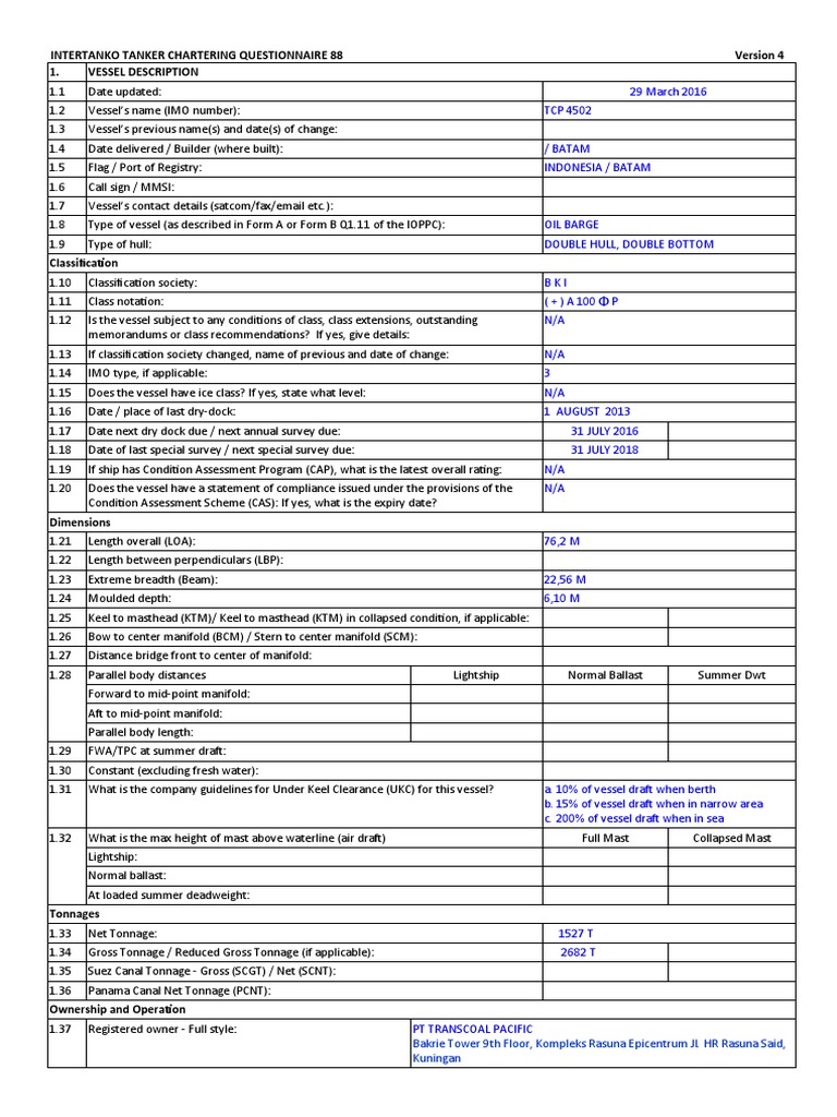 Intertanko Tanker Chartering Questionnaire 88 1. Vessel Description ...