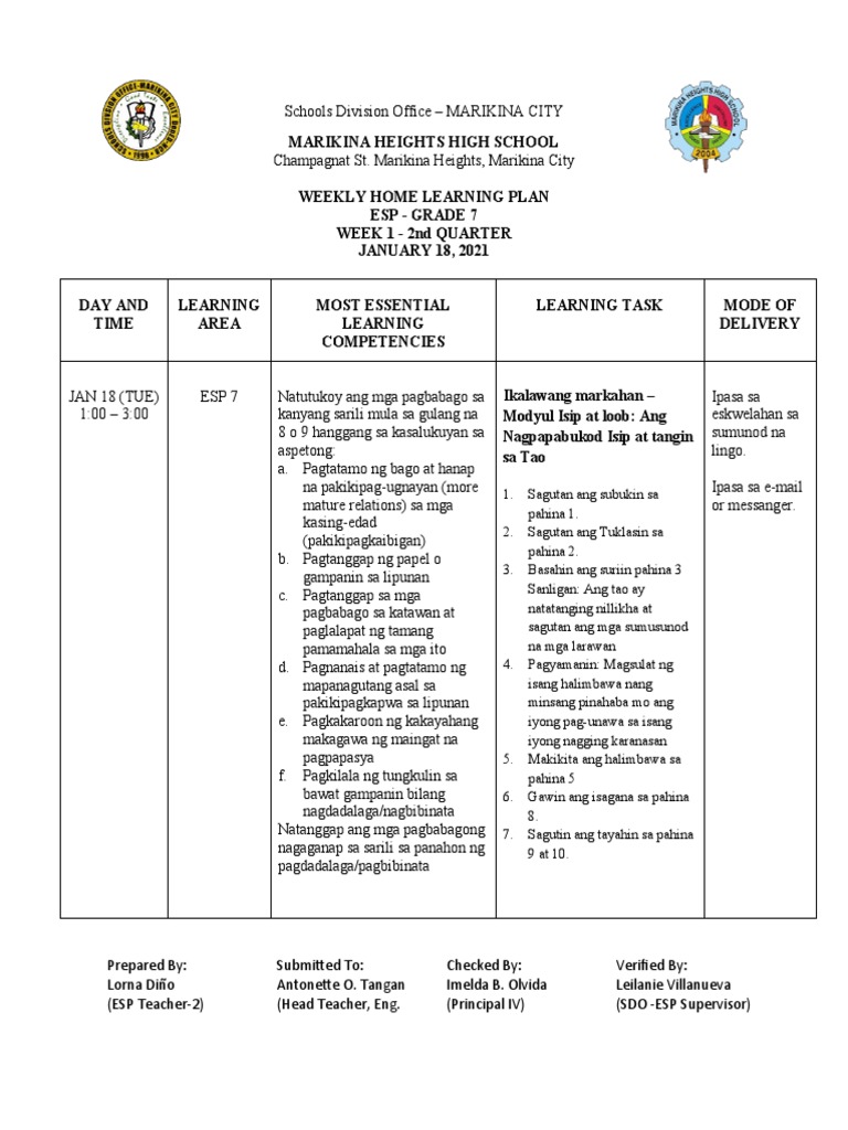 Weekly Home Learning Plan ESP 7 Week 1 JAN | PDF