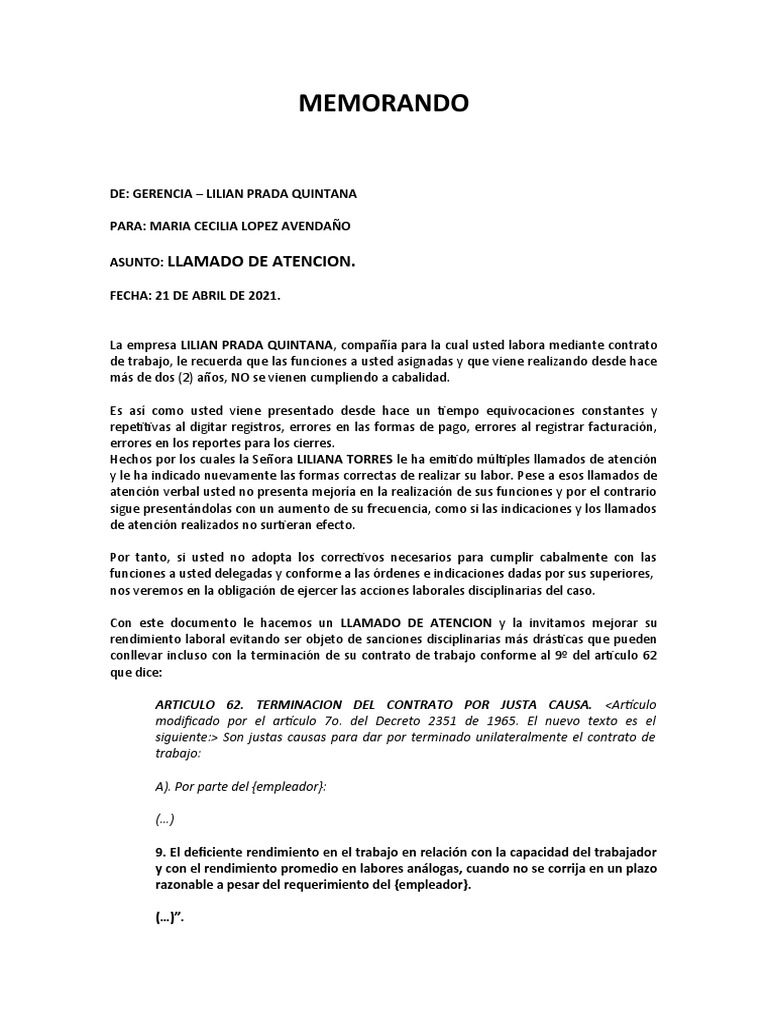 Memorando Con Llamado de Atencion Por Bajo Rendimiento Laboral. Cecilia ...