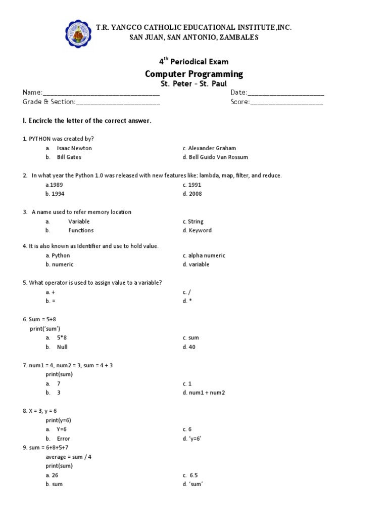 Programming 4th Periodical Exam | Download Free PDF | Reserved Word | Variable (Computer Science)