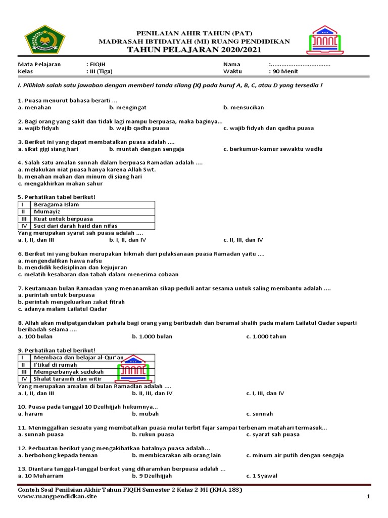 Soal Pat Fiqih Kelas 3 | PDF