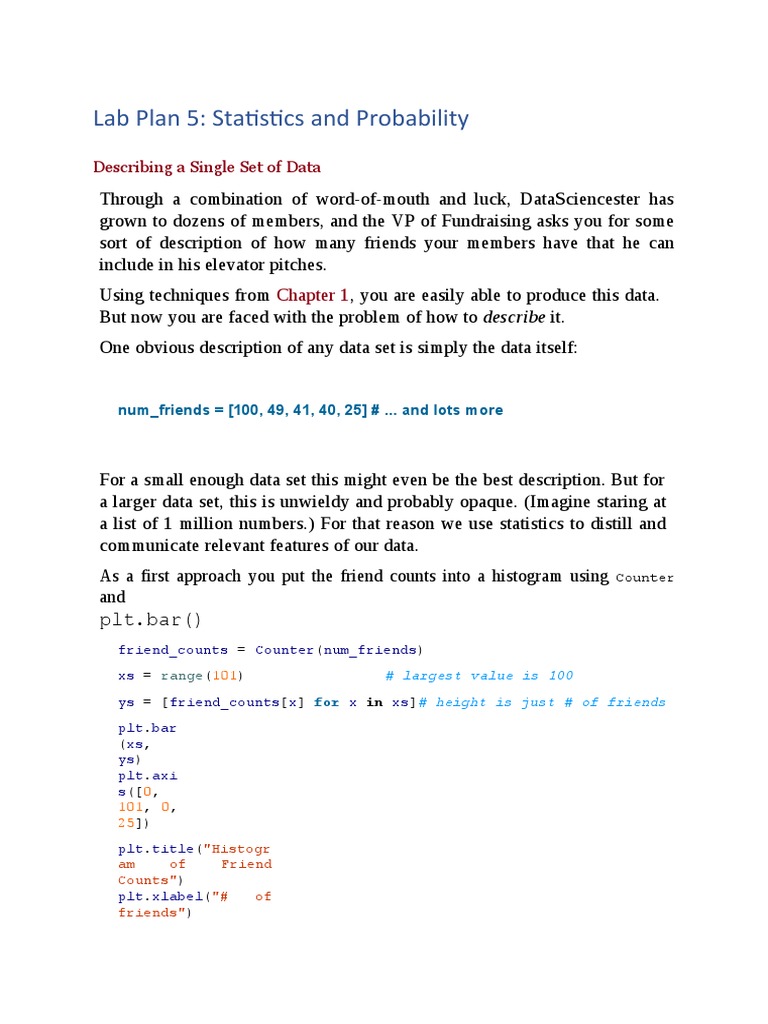 Lab Plan 5: Statistics and Probability: Describing A Single Set of Data ...