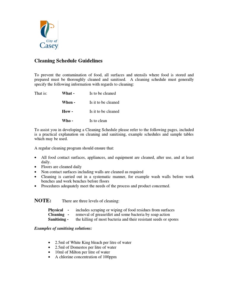 Cleaning Schedule Guidelines For Food Preparation V8nov07 | PDF ...