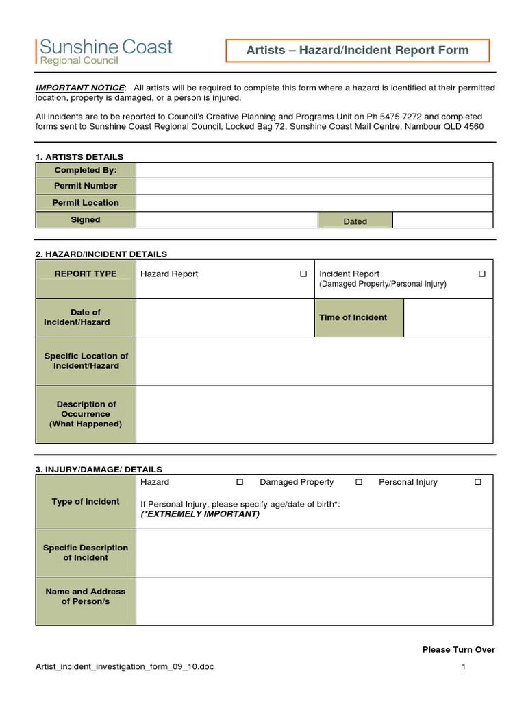 Artist Incident Report Form | PDF | Hazards | Business