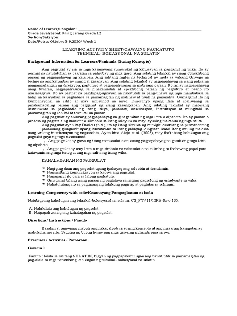 DepEd Learning Activity Sheets (LAS) GRADE 12 Week 1 | PDF