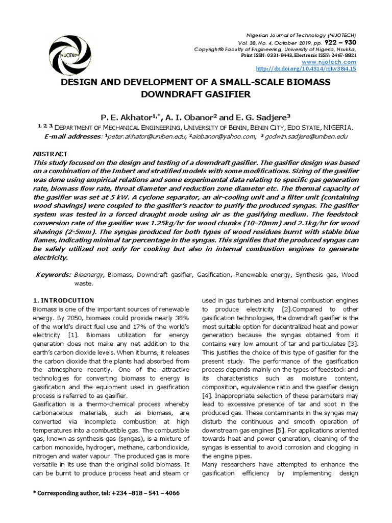 Design and Development of A Small-Scale Biomass Downdraft Gasifier ...
