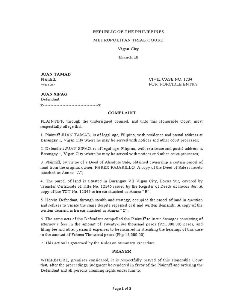 Complaint For Forcible Entry | PDF | Lawsuit | Complaint