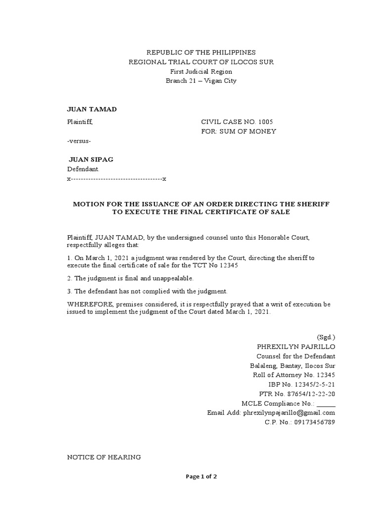 Motion For The Issuance of An Order Directing The Sheriff To Execute ...