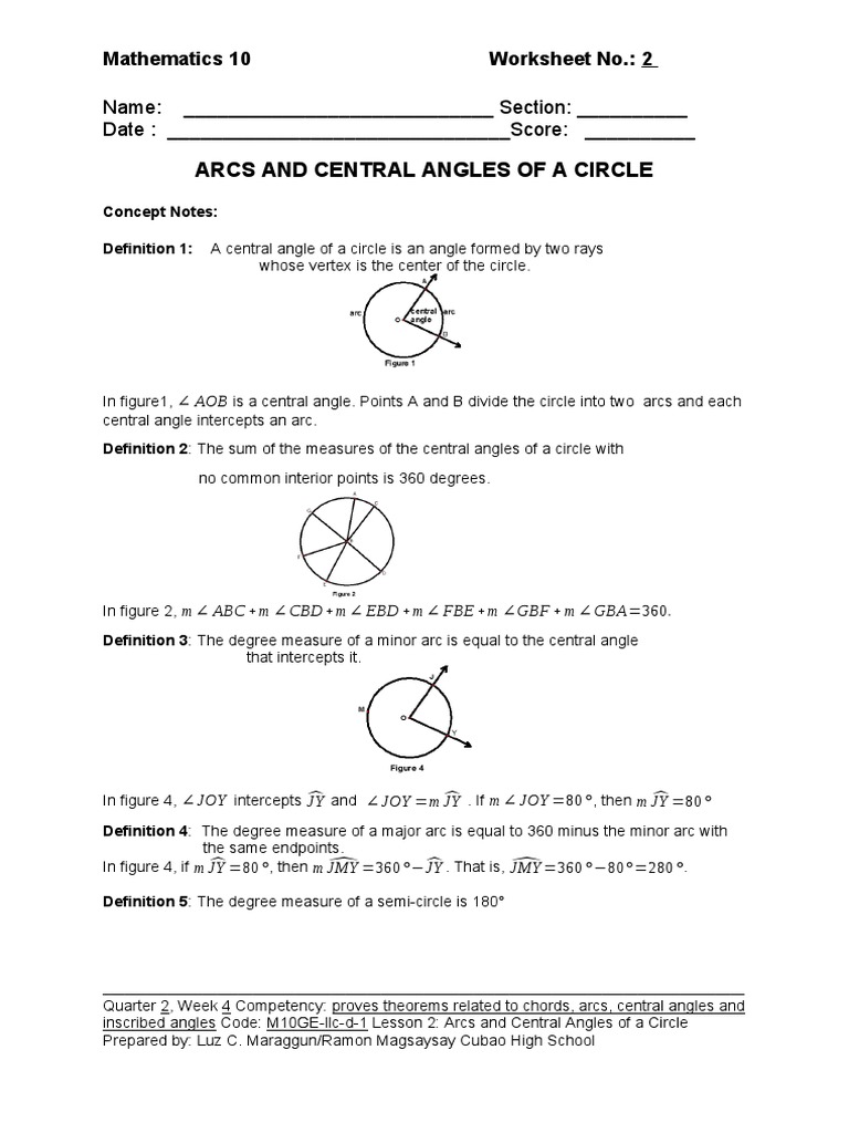 Week - 4 - Lesson 2-Q2-Worksheet - Math 10 V2A | PDF | Angle | Circle