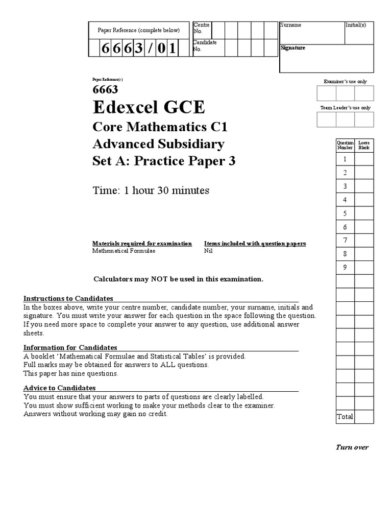 C1 Practice Paper A3 | PDF | Slope | Space