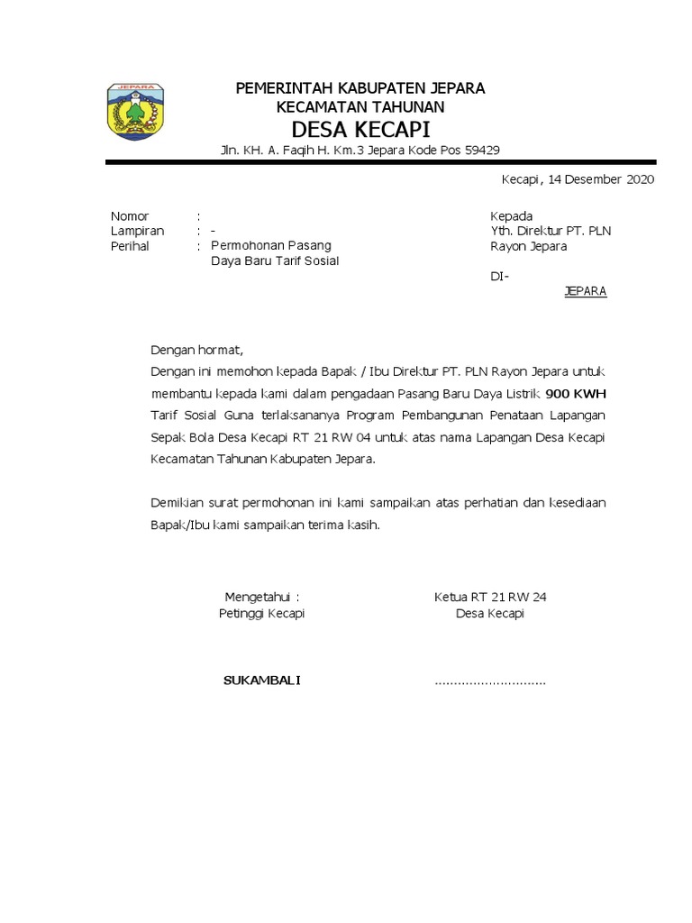 SURAT Permohonan Pasang Listrik Kecapi | PDF