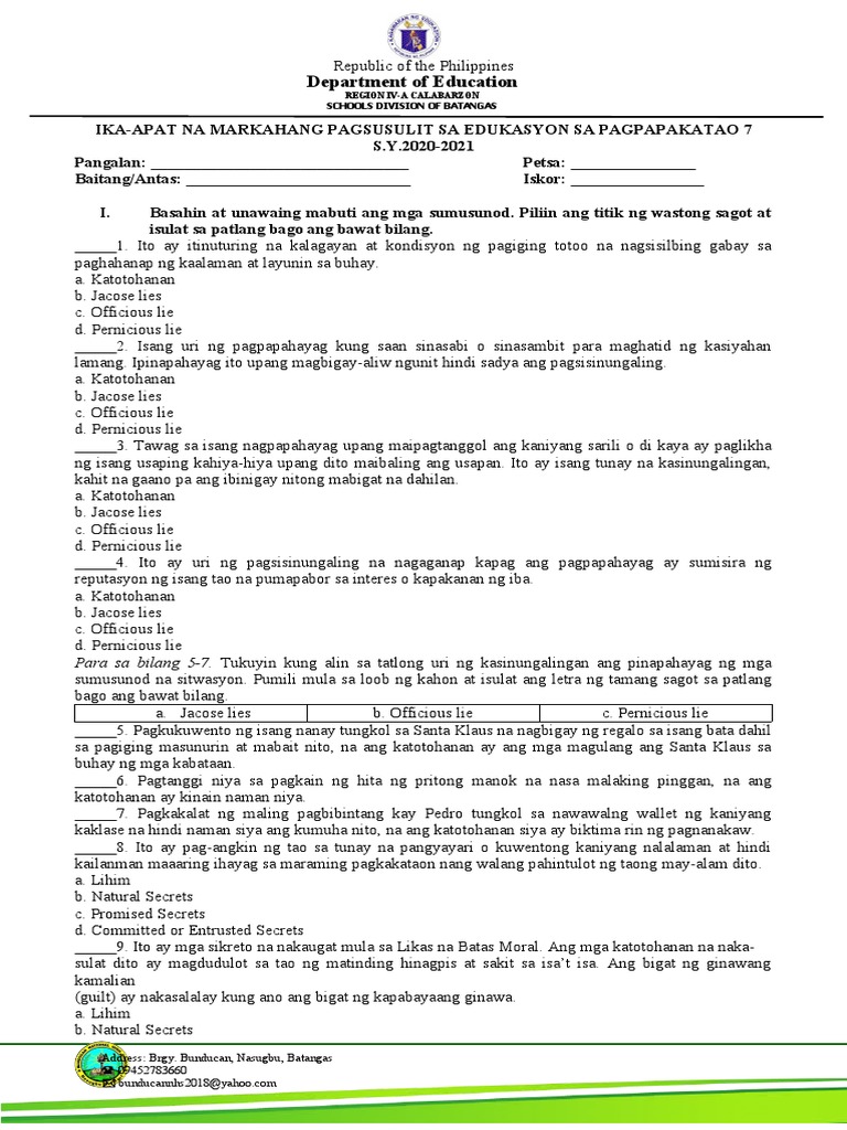 Esp-7 Assessment 4THQTR | PDF