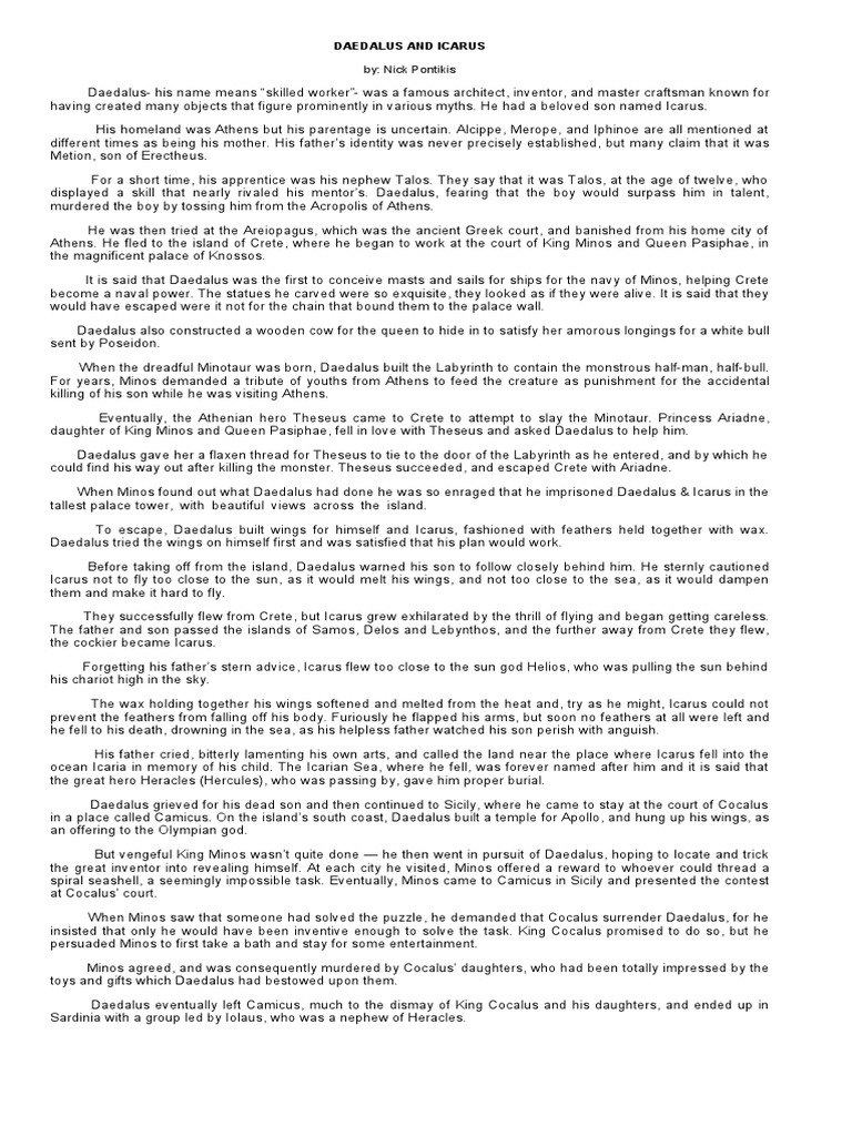 DAEDALUS AND ICARUS Summary | PDF | Minotaur | Theseus