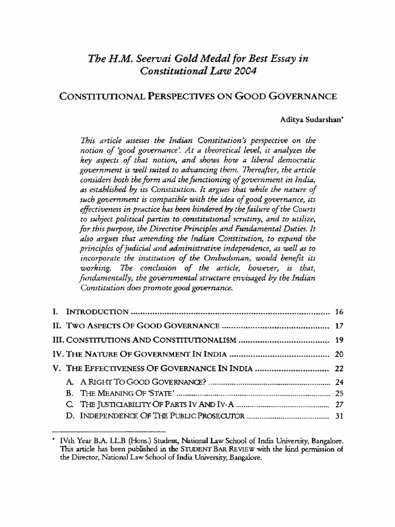 The HM. Seervai Gold Medal For Best Essay in Constitutional Law 2004 ...