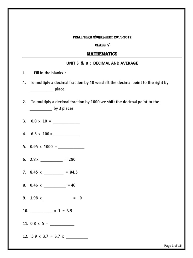 CBSE Class 5 Mathematics Worksheet - Decimal and Average | PDF ...