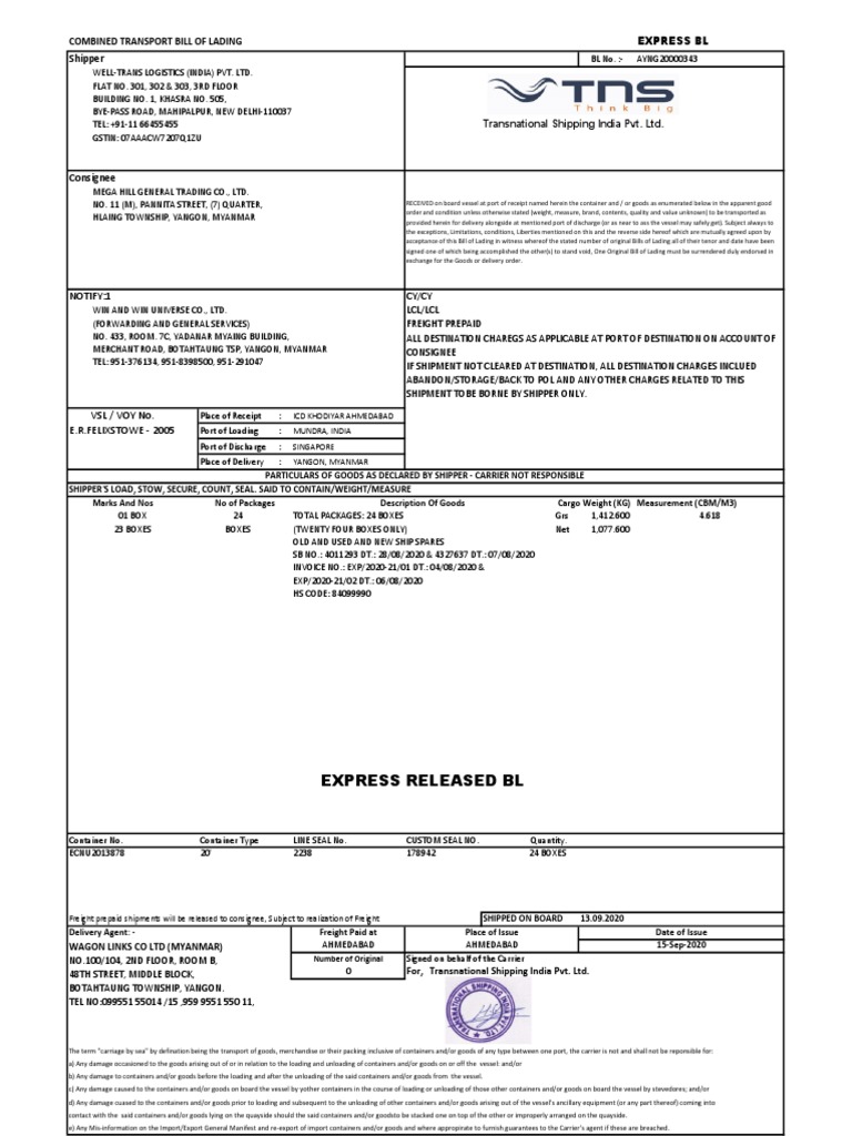 Shipper: Express Released BL | PDF | Cargo | Bill Of Lading