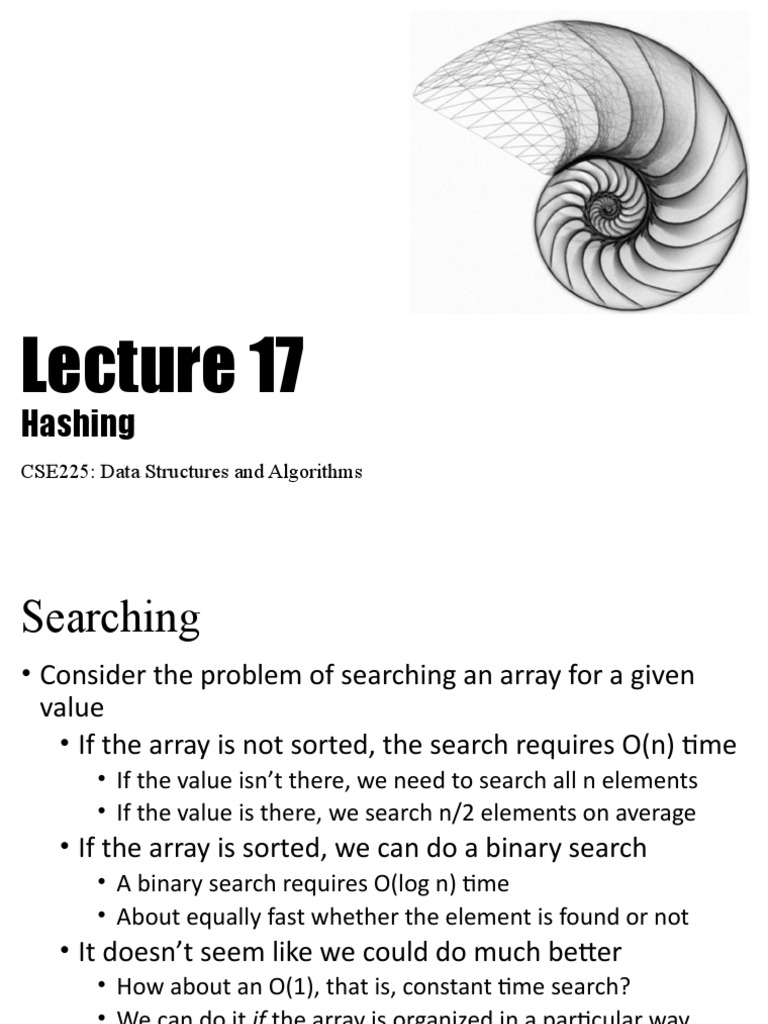 Hashing: CSE225: Data Structures and Algorithms | PDF | Time Complexity | Array Data Structure