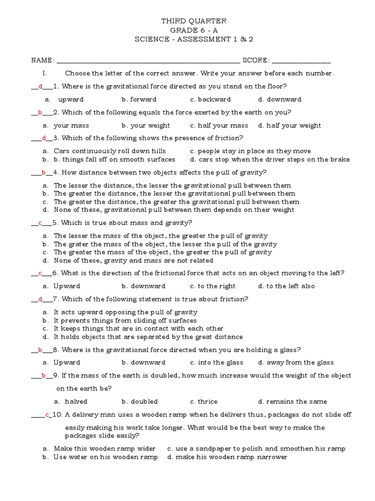 SCIENCE GRADE 6 - ST1-4 Answer Key | PDF | Gravity | Weight