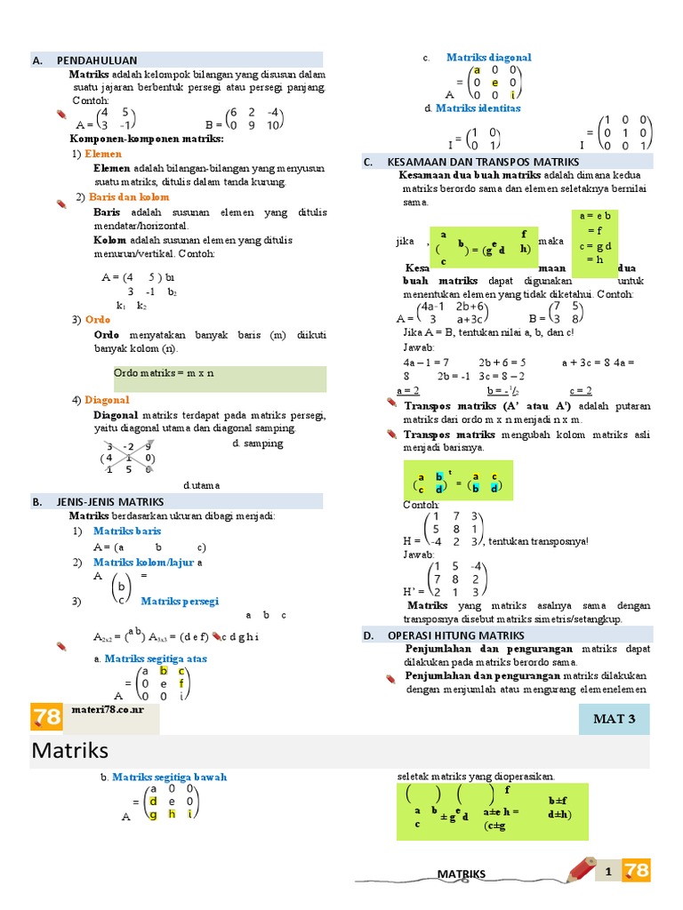 Materi Lengkap Matriks Kelas 10-11 | PDF