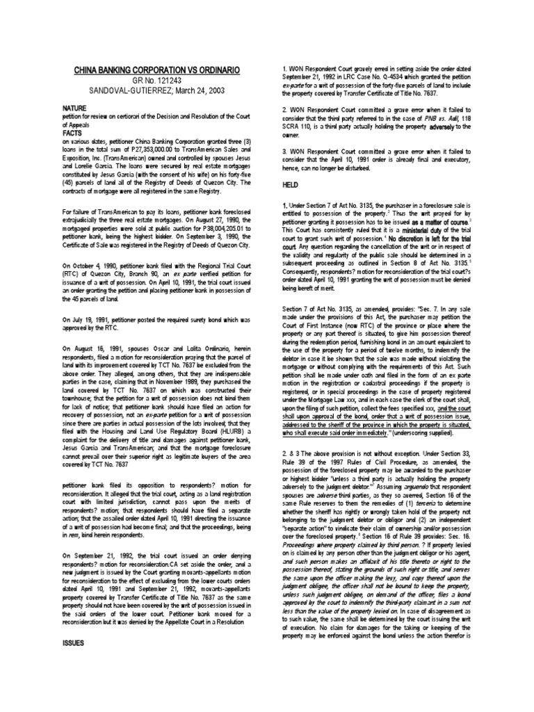 169 China Banking V Ordinario | PDF | Foreclosure | Mortgage Law