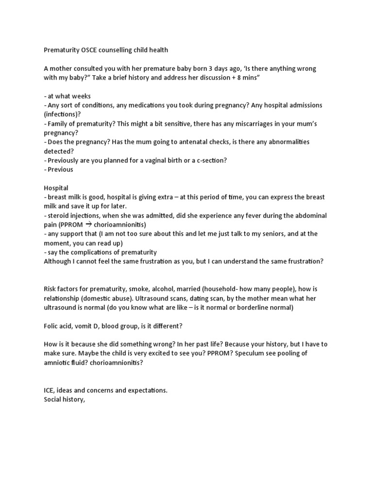 Prematurity OSCE Counselling Child Health Paediatric Non-Clinical ...