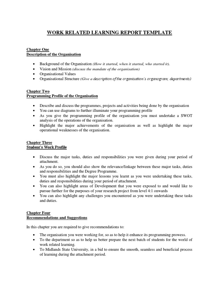 Work Related Learning Report Template: Chapter One Description of The ...