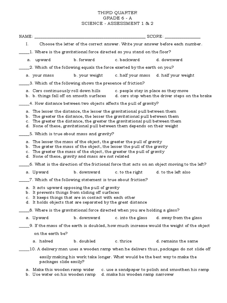 Science Grade 6 - St1-4 | PDF | Gravity | Weight