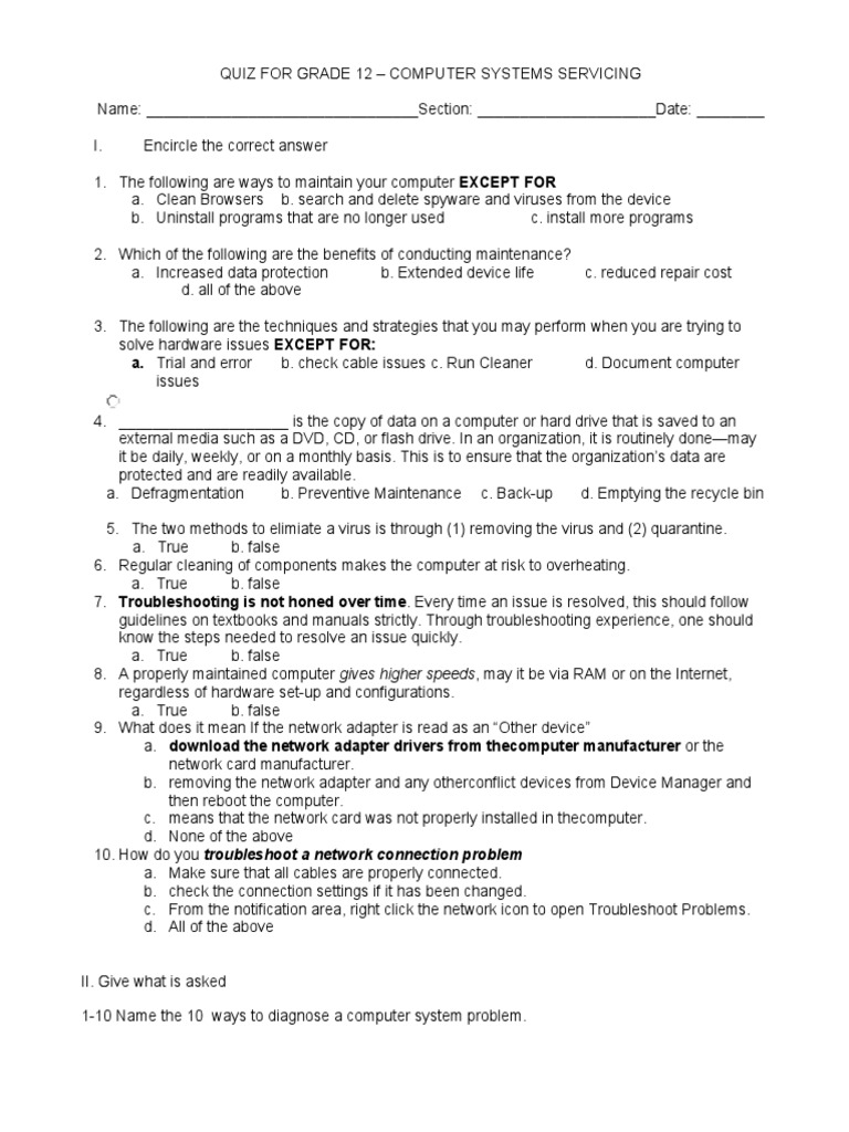 Quiz For Grade 12 | PDF | Troubleshooting | Computer Network