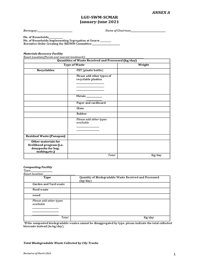 Lgu-Swm-Scmar January-June 2021: Annex A | Download Free PDF ...