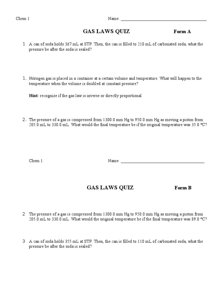 Gas Law Quiz | PDF | Gases | Temperature